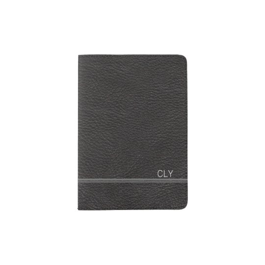 Faux Black Leather Monogram Light Gray Bar Passport Holder