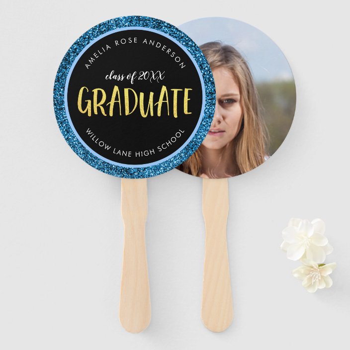 Faux Blue Glitter Graduate Photo Graduation Hand Fan | Zazzle.com
