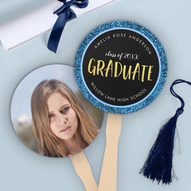 Faux Blue Glitter Graduate Photo Graduation Hand Fan | Zazzle