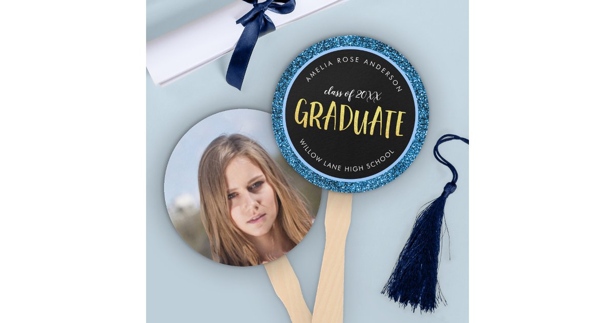 Faux Blue Glitter Graduate Photo Graduation Hand Fan | Zazzle