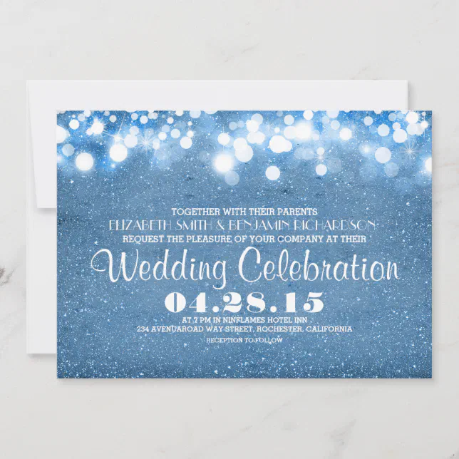 faux blue glitter string lights wedding invitation | Zazzle