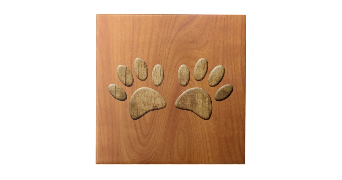 Faux Carved Wood Dog Paw Prints Ceramic Tile | Zazzle