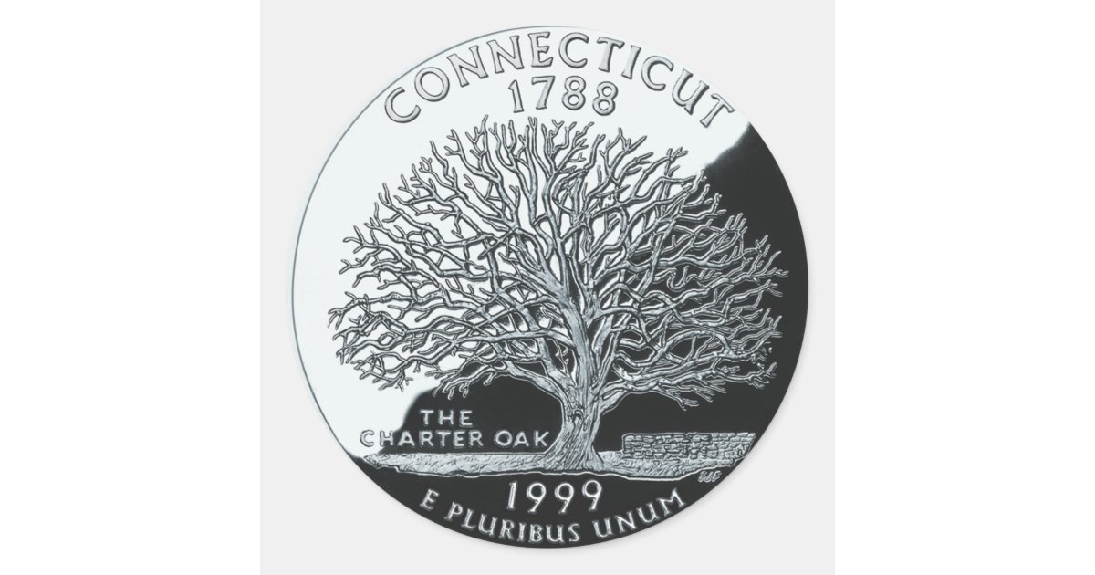 Faux Connecticut State Quarter Charter Oak Tree Classic Round Sticker ...
