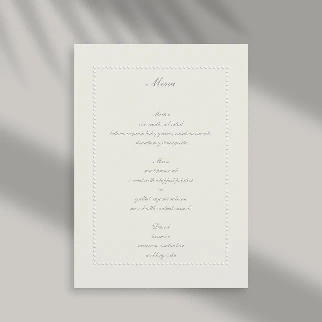 Faux Embossed Beaded Frame Ecru Elegant Wedding Menu | Zazzle