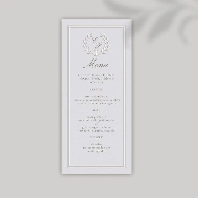 Faux Embossed Nautical Anchor Ivory Formal Wedding Menu | Zazzle