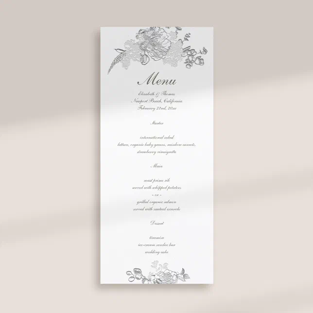 Faux Embossed Peony Classic Formal Ivory Wedding Menu | Zazzle