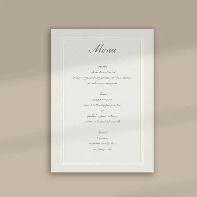 Faux Embossed Triple Frame Traditional Wedding Menu | Zazzle
