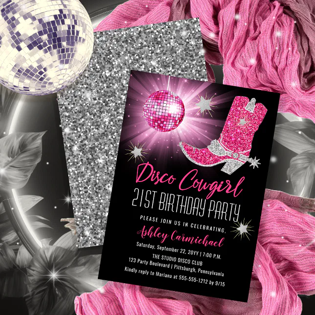 Faux Glitter Pink Disco Cowgirl 21 Birthday Party Invitation | Zazzle