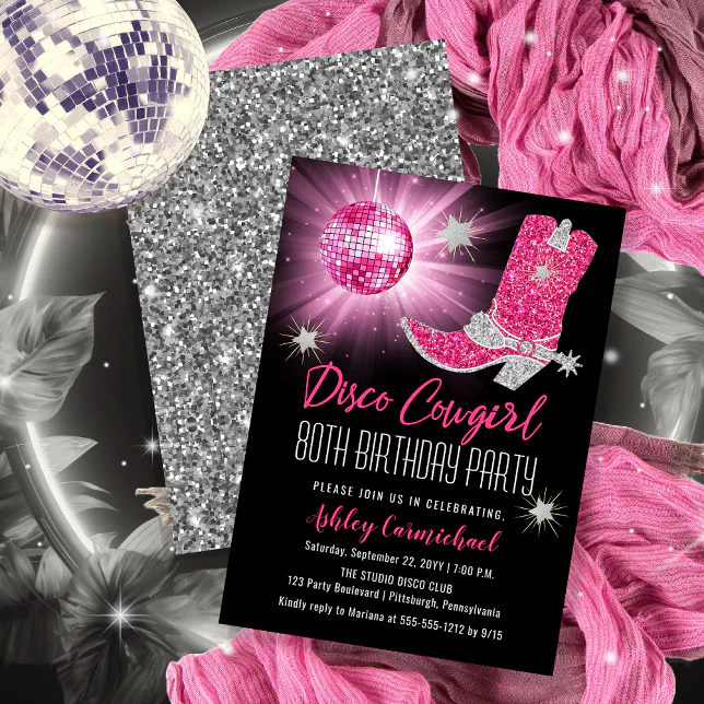 Faux Glitter Pink Disco Cowgirl 80 Birthday Party Invitation | Zazzle