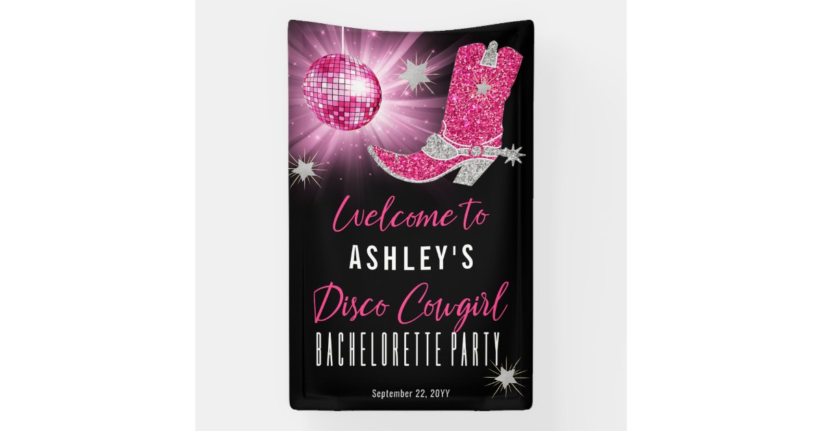 Faux Glitter Pink Disco Cowgirl Bachelorette Party Banner | Zazzle