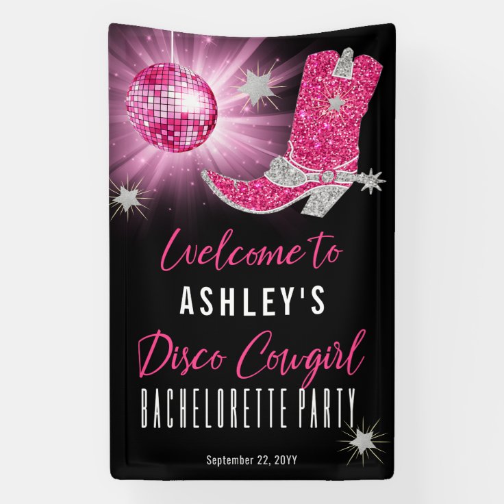 Faux Glitter Pink Disco Cowgirl Bachelorette Party Banner | Zazzle