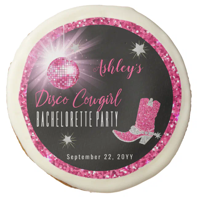 Faux Glitter Pink Disco Cowgirl Bachelorette Party Sugar Cookie | Zazzle