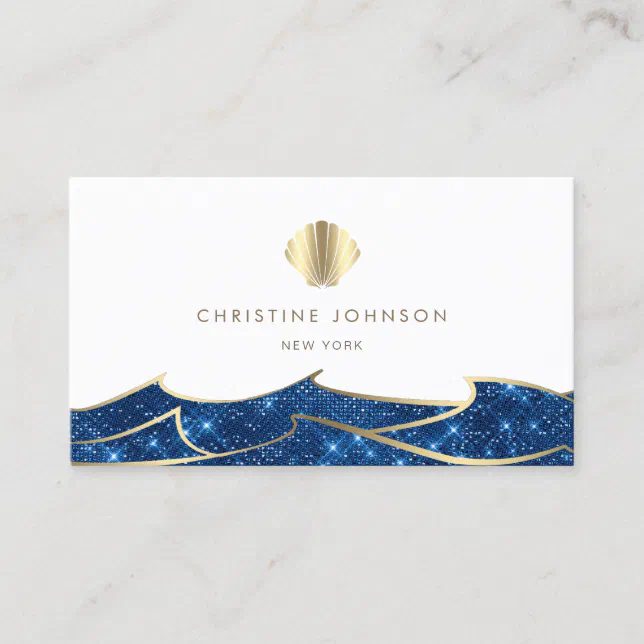 faux glitter waves golden seashell business card | Zazzle
