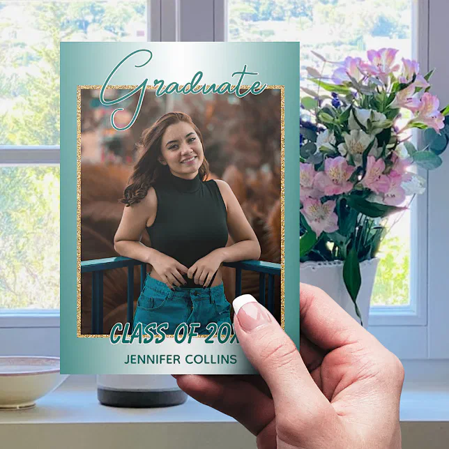 Faux Glossy Teal Green Gold Glitter Graduation Announcement | Zazzle