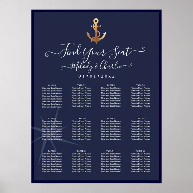 FAUX GOLD ANCHOR NAVY NAUTICAL SEATING CHART | Zazzle