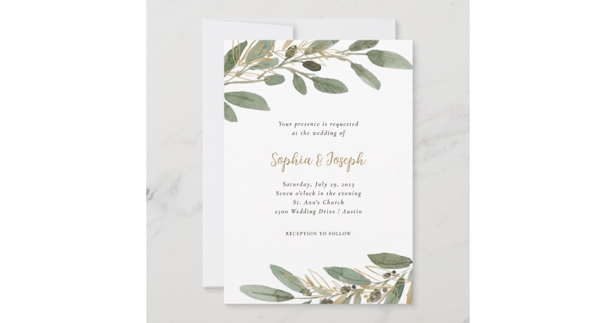 Faux Gold and Olive Leaves | Wedding Invitation | Zazzle