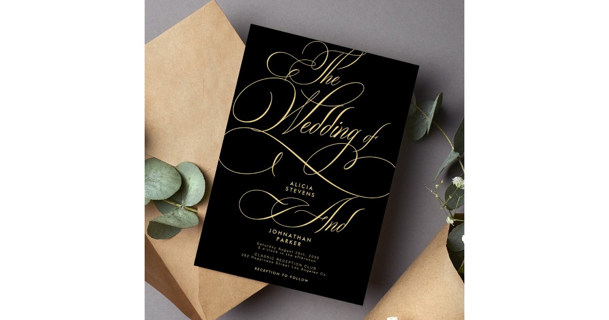 Faux gold black elegant classic script wedding invitation | Zazzle