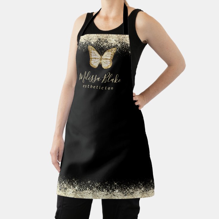faux gold butterfly on faux gold sparkle apron | Zazzle