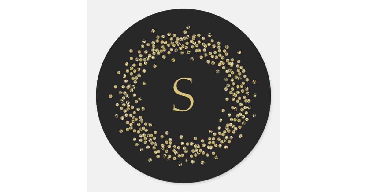 Faux Gold Confetti on Black | Monogram Classic Round Sticker | Zazzle