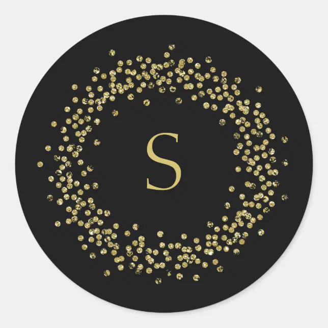 Faux Gold Confetti on Black | Monogram Classic Round Sticker | Zazzle