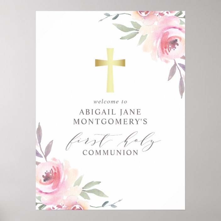 Faux Gold Cross & Flowers First Holy Communion Poster | Zazzle.com