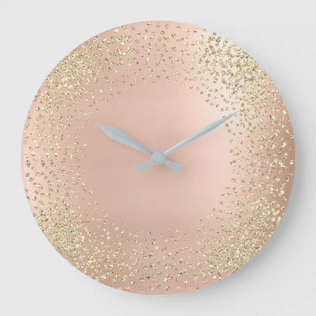 Faux Gold Crystals Confetti Glitter Blush Pink Large Clock | Zazzle