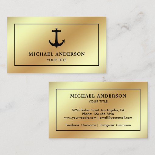 Faux Gold Foil Black Nautical Anchor Business Card | Zazzle