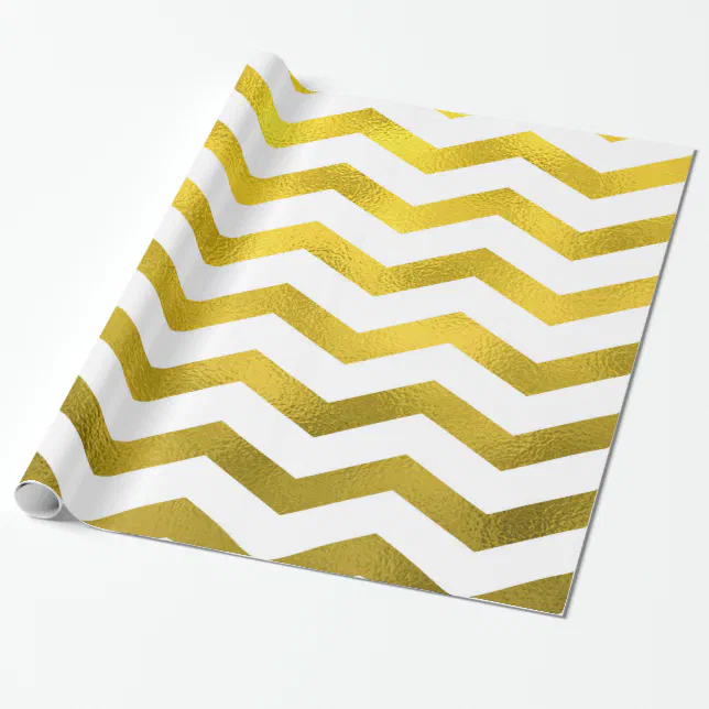 Faux Gold Foil Chevron Pattern White Metallic Wrapping Paper | Zazzle