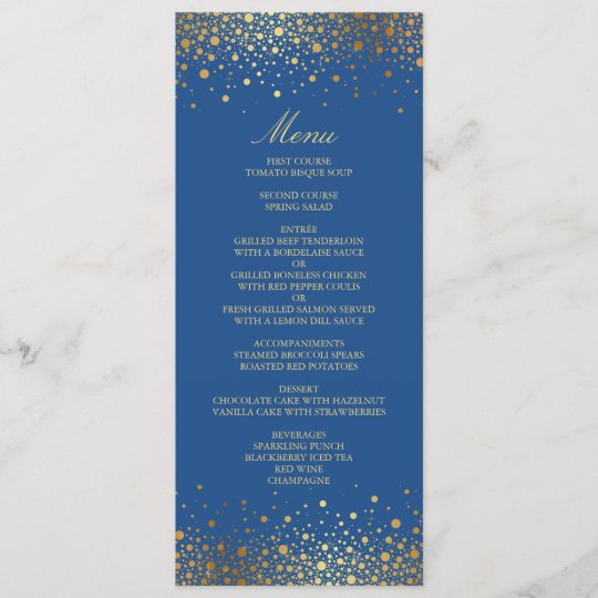Faux Gold Foil Confetti Elegant Blue Menu Card | Zazzle.com