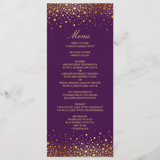 Faux Gold Foil Confetti Elegant Purple Menu Card | Zazzle