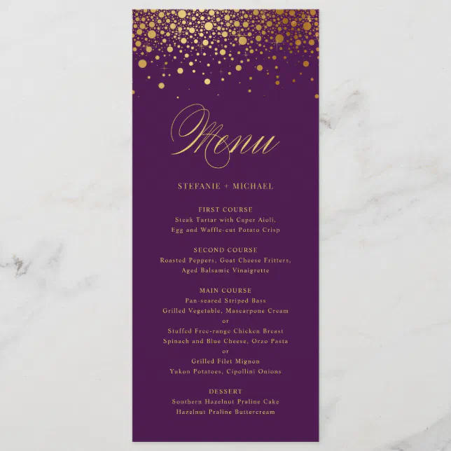 Faux Gold Foil Confetti Elegant Purple Menu Card | Zazzle