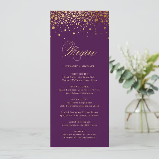 Faux Gold Foil Confetti Elegant Purple Menu Card | Zazzle