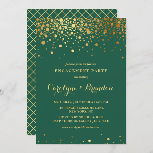 Faux Gold Foil Confetti | Green Engagement Party Invitation | Zazzle