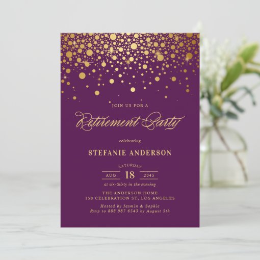 Faux Gold Foil Confetti Purple Retirement Party Invitation | Zazzle