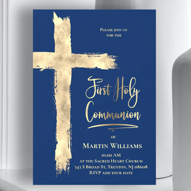 Faux gold foil cross on blue | First Communion Invitation | Zazzle