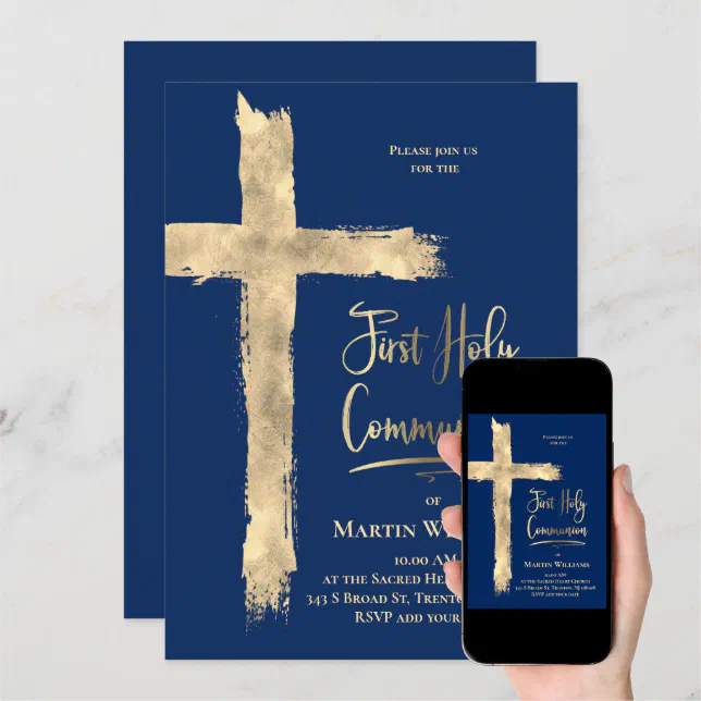 Faux gold foil cross on blue | First Communion Invitation | Zazzle