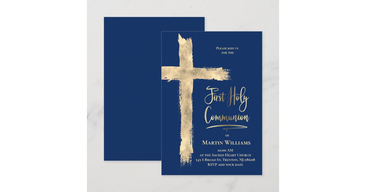 Faux gold foil cross on blue | First Communion Invitation | Zazzle