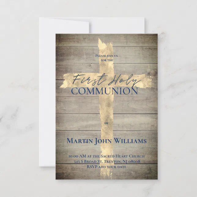 Faux gold foil cross on wood First Communion Invitation | Zazzle