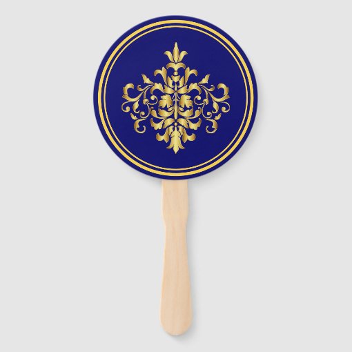 Faux Gold Foil Damask Royal Blue Wedding Hand Fan | Zazzle