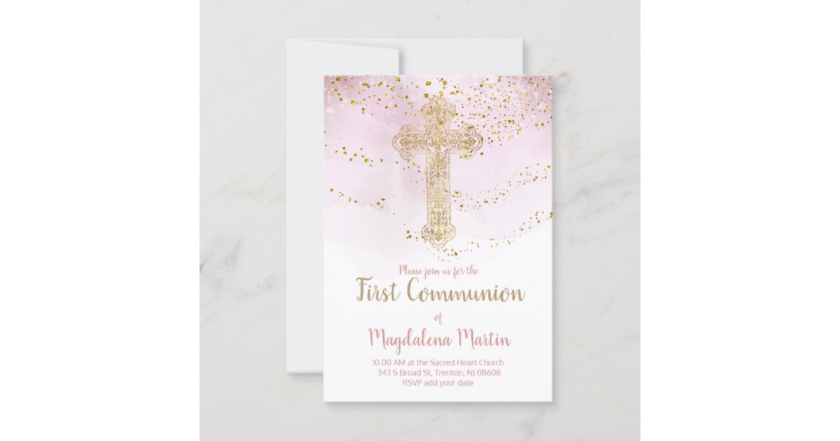 Faux gold foil holy cross First Communion Invitation | Zazzle