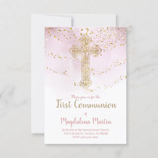 Faux gold foil holy cross First Communion Invitation | Zazzle
