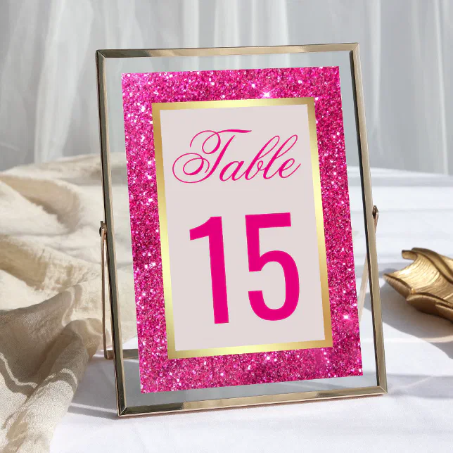 Faux Gold Foil Hot Pink Glitter Wedding Table Number | Zazzle