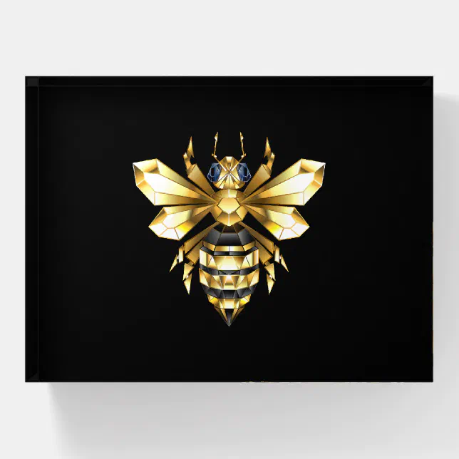 Faux Gold Foil Logo Bee Polygonal on Black Paperweight | Zazzle