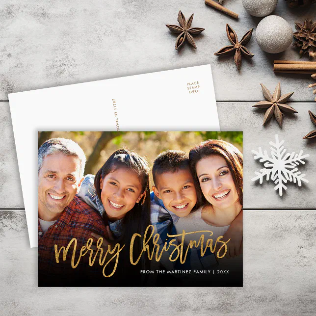 Faux Gold Foil Merry Christmas Photo Overlay Holiday Postcard | Zazzle