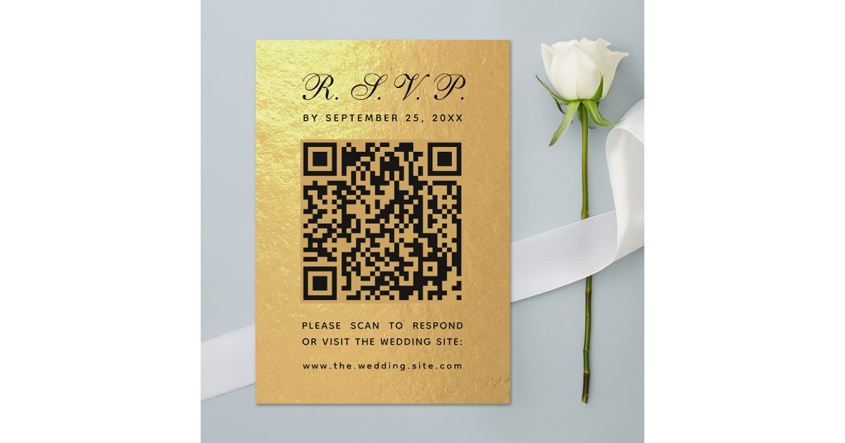 Faux Gold Foil QR Code Black Script Luxury Wedding RSVP Card | Zazzle