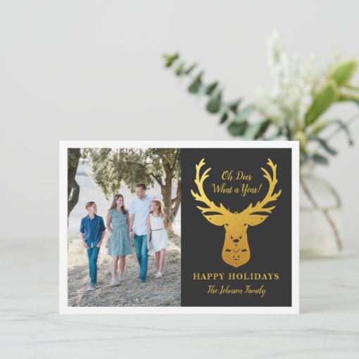 Faux Gold Foil Reindeer Oh Deer Photo Holiday Card | Zazzle