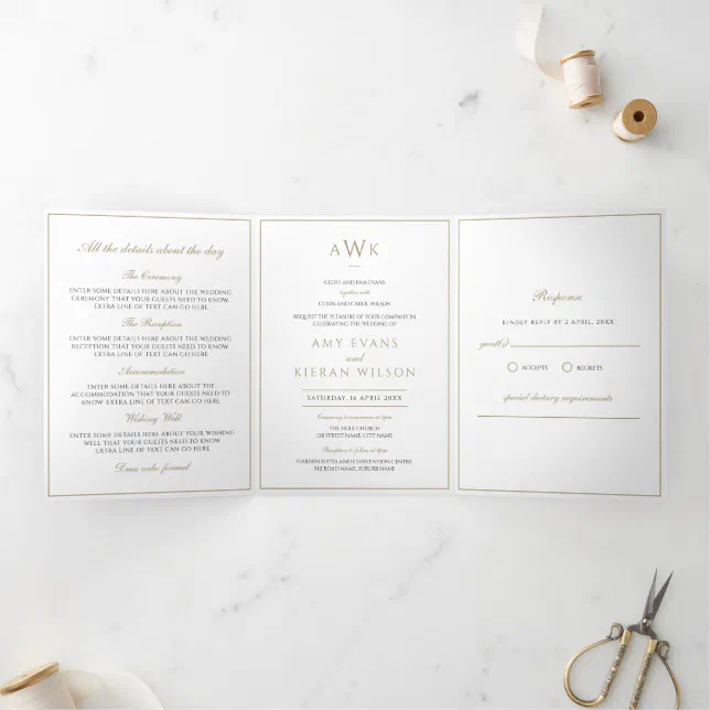 Faux Gold Formal Traditional Script Wedding Tri-Fold Invitation | Zazzle