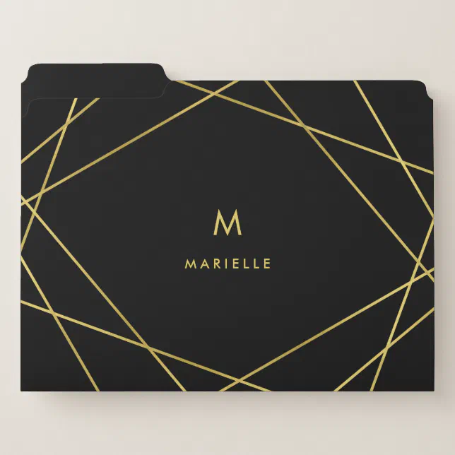 Faux Gold Geometric on Black | Monogram File Folder | Zazzle