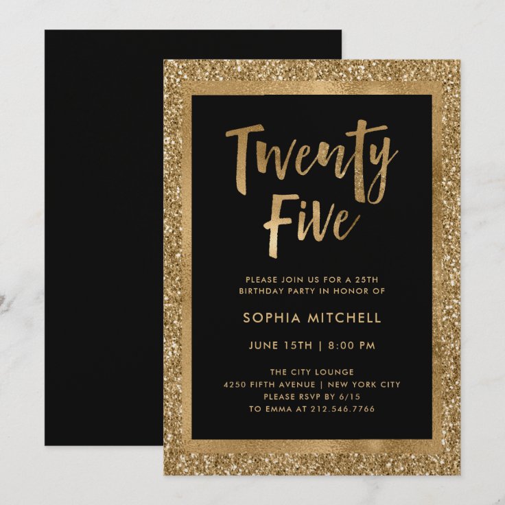 Faux Gold Glitter | 25th Birthday Party Invitation | Zazzle