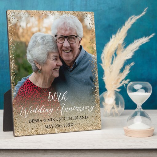 Faux Gold Glitter 50th Wedding Anniversary Photo Plaque | Zazzle